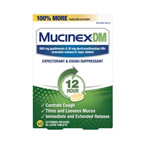 Mucinex Cough Suppressant and Expectorant, DM 12 Hr Relief Tablets, 600 mg, Multicolor, 40 Count (Pack of 2)