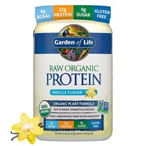 garden of life raw organic protein vanilla powder, 20 servings: certified vegan, gluten free, organic, non-gmo, plant based sugar free protein shake with probiotics & enzymes, 4g bcaas, 22g protein