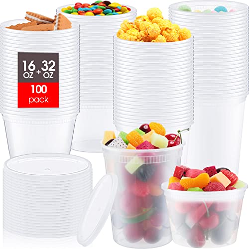 100 Sets 16 oz 32 oz Deli Containers with Lids Plastic Airtight Food Storage Containers Leakproof Disposable Take out Deli Cups Freezer Storage Containers for Food Soup, Microwave and Dishwasher Safe