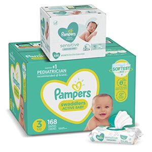 diapers size 3, 168 count and baby wipes – pampers swaddlers disposable baby diapers and water baby wipes sensitive pop-top packs, 336 count (packaging may vary)