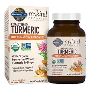 garden of life mykind organics extra strength turmeric inflammatory response 60 tablets-100mg curcumin (95% curcuminoids) black pepper, probiotics, organic non-gmo vegan gluten free herbal supplement