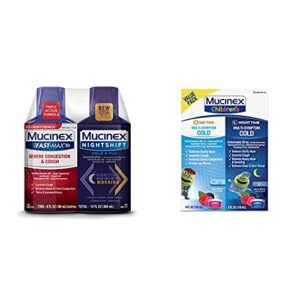 mucinex maximum strength fast-max congestion & cough nightshift cold & flu liquid with cold & cough, children’s multi-symptom day/night liquid, very berry, 8oz (2x4oz)