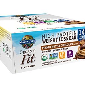 High Protein Bars for Weight Loss - Garden of Life Organic Fit Bar - Peanut Butter Chocolate (12 per carton) - Burn Fat, Satisfy Hunger and Fight Cravings, Low Sugar Plant Protein Bar with Fiber