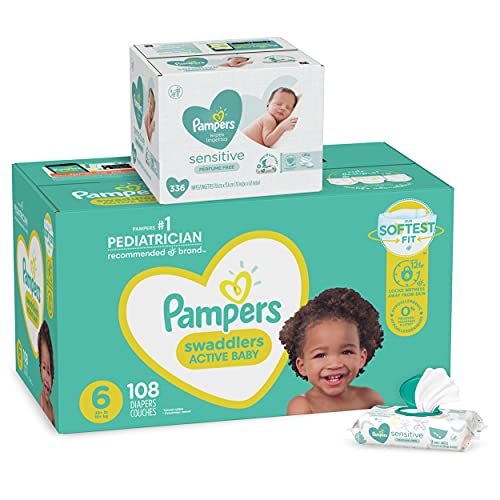 Diapers Size 6, 108 Count and Baby Wipes - Pampers Swaddlers Disposable Baby Diapers and Water Baby Wipes Sensitive Pop-Top Packs, 336 Count (Packaging May Vary)