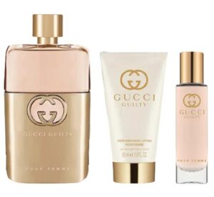 gucci guilty 3 piece hardbox gift set for women (3 ounce eau de parfum spray + 1.6 ounce perfumed body lotion + 0.5 ounce eau de parfum travel spray)