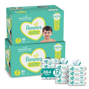 pampers swaddlers disposable baby diapers size 7, 2 month supply (2 x 88 count) with sensitive water based baby wipes, 12x pop-top packs (864 count)