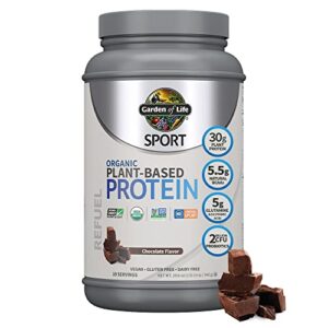 garden of life organic vegan sport protein powder, chocolate, probiotics, bcaas, 30g plant protein for premium post workout recovery, nsf certified, keto, gluten free, made without dairy, 19 servings