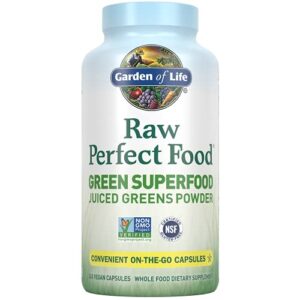 garden of life raw perfect superfood juiced greens powder capsules, non-gmo, gluten free, vegan whole dietary supplement, organic, sprouts probiotics, 240 count