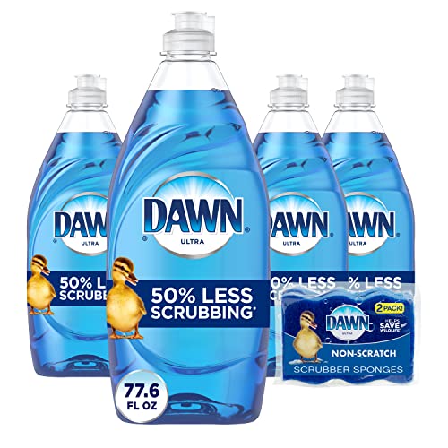 Dawn Ultra Dishwashing Liquid Dish Soap (4x19.4 Fl oz) + Non-Scratch Sponge (2 Count), Original Scent