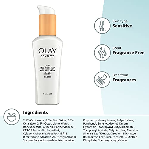 Face Moisturizer by Olay Complete Daily Defense All Day Moisturizer With Sunscreen, SPF30 Sensitive Skin, 2.5 Fl Oz (Pack of 2)