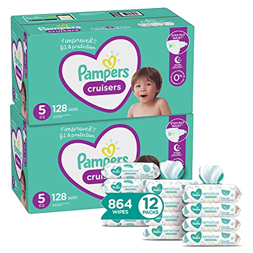 Pampers Cruisers Disposable Baby Diapers Size 5, 2 Month Supply (2 x 128 Count) with Sensitive Water Based Baby Wipes, 12X Pop-Top Packs (864 Count)