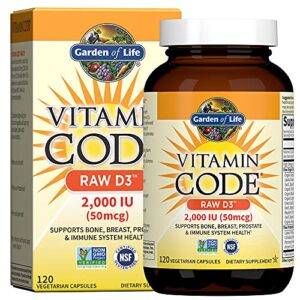 garden of life vitamin d, vitamin code raw d3, vitamin d 2,000 iu, raw whole food vitamin d supplements with chlorella, fruit, veggies & probiotics for bone & immune health, 120 vegetarian capsules