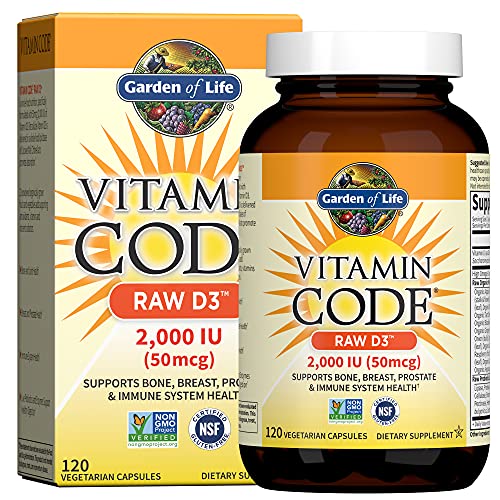 Garden of Life Vitamin D, Vitamin Code Raw D3, Vitamin D 2,000 IU, Raw Whole Food Vitamin D Supplements with Chlorella, Fruit, Veggies & Probiotics for Bone & Immune Health, 120 Vegetarian Capsules