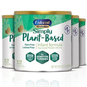 enfamil prosobee soy-based infant formula for sensitive tummies, lactose-free, milk-free, and dha for brain support, plant-sourced protein powder can, 20.9 oz (pack of 4)