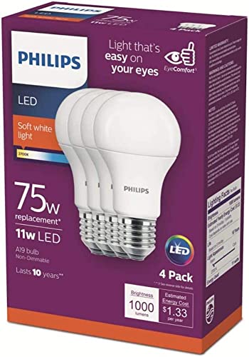 Philips A19 E26 (Medium) LED Bulb Soft White 75 Watt Equivalence 4 pk