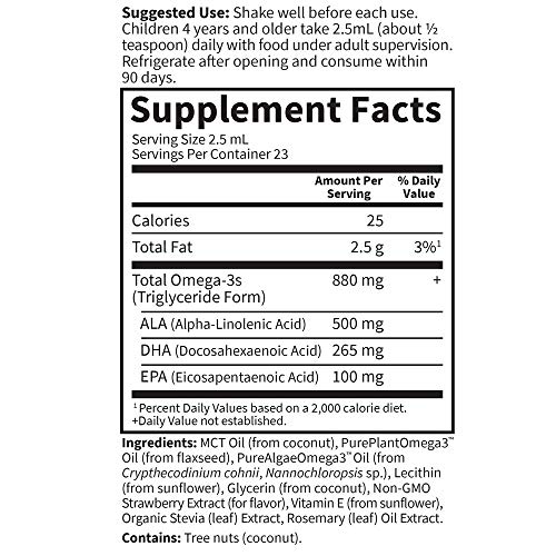 Garden of Life Plant Omega-3 Ala, Dha & Epa Supplement for Children -Liquid, Strawberry - Vegan Brain & Eye Support for Kids, Sugar Free & Non-GMO - 2 Fl Oz