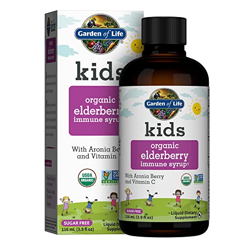 Garden of Life Organic Sambucas Elderberry Syrup for Kids Plus Aronia Berry & Acerola Cherry with Vitamin C for Immune Support, Sugar Free, Liquid, 3.9 Fl Oz