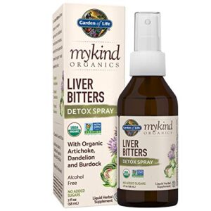 garden of life mykind organics liver bitters detox spray, liver detox herbal bitters artichoke dandelion burdock in apple cider vinegar, liver cleanse supplements for digestive health, 2 fl oz liquid