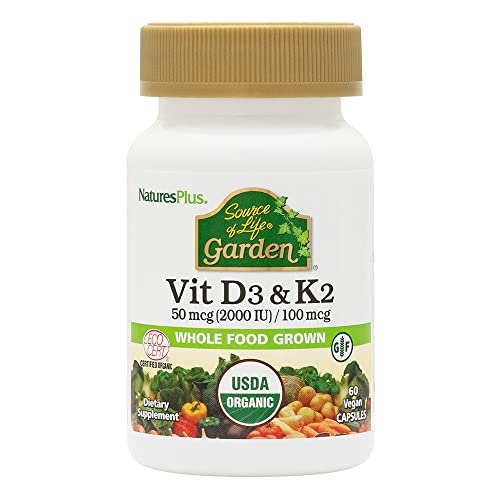 NaturesPlus Source of Life Garden Vitamin D3 & K2 - 60 Vegan Capsules - Promotes Bone Support, Immune Function, Cardiovascular Health & Mood Balance - Vegan, Gluten Free - 60 Servings