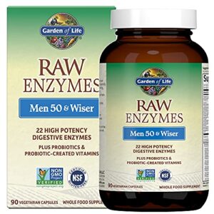 garden of life 22 digestive enzymes for men 50 & over with bromelain, papain & lactase plus probiotics & vitamins b12, biotin & zinc – raw enzymes – non – gmo, gluten-free, vegetarian, 90 capsules