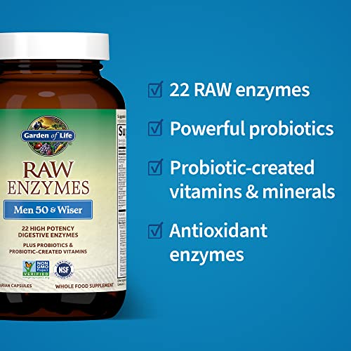 Garden of Life 22 Digestive Enzymes for Men 50 & Over with Bromelain, Papain & Lactase Plus Probiotics & Vitamins B12, Biotin & Zinc – RAW Enzymes – Non – GMO, Gluten-Free, Vegetarian, 90 Capsules