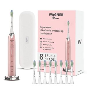 wagner & stern ultrasonic whitening toothbrush with pressure sensor. 5 brushing modes and 4 intensity levels with 3d sliding control, 8 dupont bristles, premium travel case.