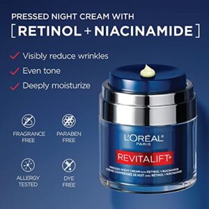 L'Oreal Paris Revitalift Pressed Night Cream, Retinol + Niacinamide, Visibly Reduces Wrinkles & Deeply Moisturizes, Fragrance Free, 1.7 oz + Serum Sample