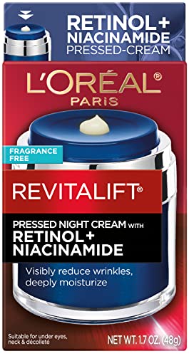 L'Oreal Paris Revitalift Pressed Night Cream, Retinol + Niacinamide, Visibly Reduces Wrinkles & Deeply Moisturizes, Fragrance Free, 1.7 oz + Serum Sample