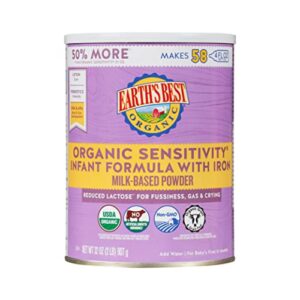 earth’s best organic sensitive baby formula for babies 0-12 months, reduced lactose powdered infant formula with iron, omega-3 dha, and omega-6 ara, 32 oz formula container