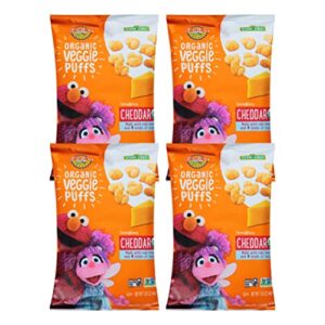 earth’s best organic kids snacks, sesame street toddler snacks, organic cheddar veggie puffs, gluten free snacks for kids 2 years and older, cheddar, 1.55 oz bag (pack of 4)