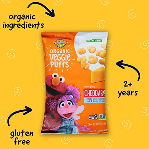 Earth's Best Organic Kids Snacks, Sesame Street Toddler Snacks, Organic Cheddar Veggie Puffs, Gluten Free Snacks for Kids 2 Years and Older, Cheddar, 1.55 oz Bag (Pack of 4)