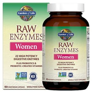 garden of life 22 digestive enzymes for women with bromelain, papain, lipase & lactase plus probiotics & vitamins b12, biotin & zinc – raw enzymes – non-gmo, gluten-free, vegetarian, 90 capsules