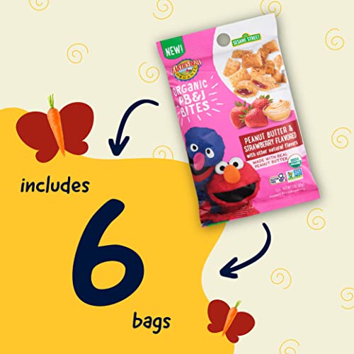 Earth's Best Organic Kids Snacks, Sesame Street Toddler Snacks, Organic PB&J Bites for Toddlers 2 Years and Older, Peanut Butter and Strawberry Flavored with Other Natural Flavors, 3oz Bag (Pack of 6)