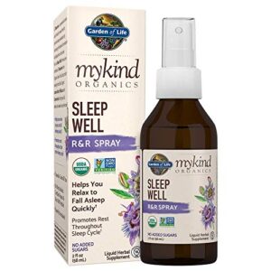 garden of life mykind organics sleep well r&r spray (58 ml) liquid – relax & rest, green tea extract l-theanine, chamomile, lemon balm – non-gmo vegan & gluten free herbal supplements, 2 fl oz