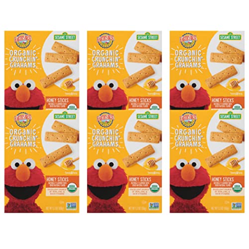 Earth's Best Organic Kids Snacks, Sesame Street Toddler Snacks, Organic Crunchin' Grahams for Toddlers 2 Years and Older, Honey Sticks with other Natural Flavors, 5.3 oz Box (Pack of 6)