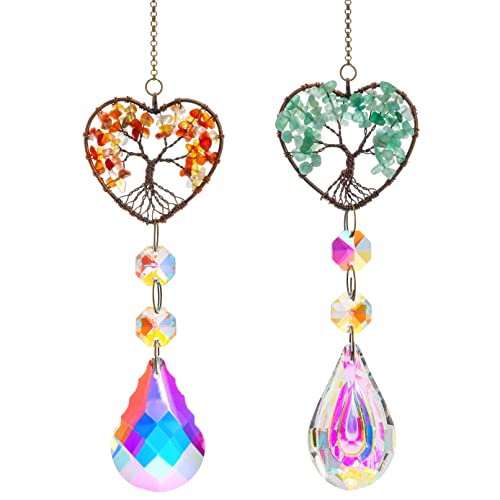 Pack 2 Crystal Prisms Suncatchers with The Tree of Life Ornaments Crystal Hanging Pendants Garden Sun Cather for Window Rainbow Decoration