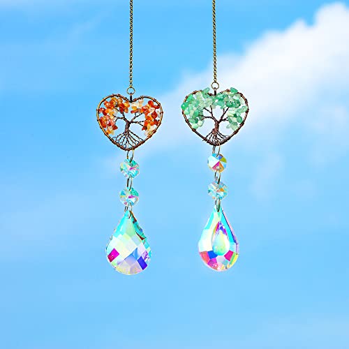 Pack 2 Crystal Prisms Suncatchers with The Tree of Life Ornaments Crystal Hanging Pendants Garden Sun Cather for Window Rainbow Decoration