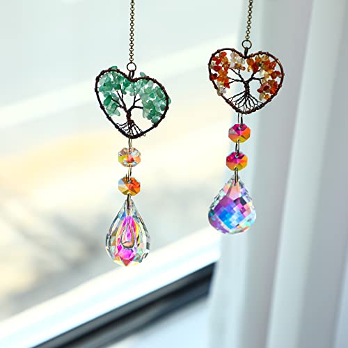 Pack 2 Crystal Prisms Suncatchers with The Tree of Life Ornaments Crystal Hanging Pendants Garden Sun Cather for Window Rainbow Decoration