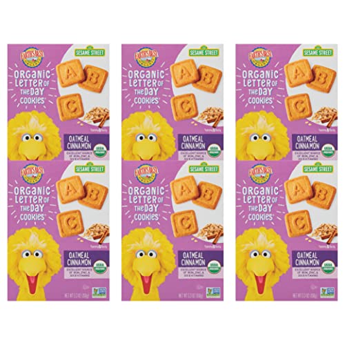 Earth's Best Organic Kids Snacks, Sesame Street Toddler Snacks, Organic Letter of the Day Cookies for Toddlers 2 Years and Older, Oatmeal Cinnamon, 5.3 oz Box (Pack of 6)