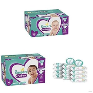 pampers bundle – cruisers disposable baby diapers sizes 3, 174 count & 4, 160 count with pampers sensitive water-based baby wipes, 12 pop-top and refill combo packs, 864 count