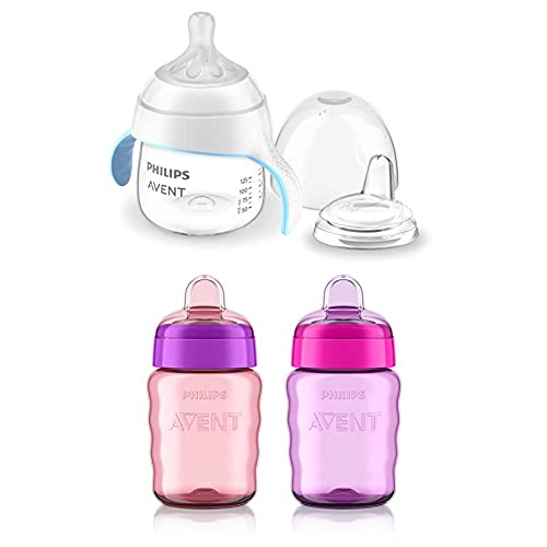 Philips Avent Sippy Cup Bundle with Natural Trainer Cup with Natural Response Nipple, 5 Ounce, 1 Pack + My Easy Sippy Cup, 9 Ounce, 2 Pack, Pink/Purple