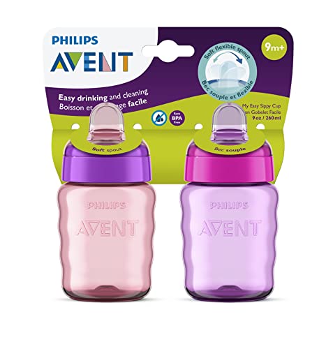 Philips Avent Sippy Cup Bundle with Natural Trainer Cup with Natural Response Nipple, 5 Ounce, 1 Pack + My Easy Sippy Cup, 9 Ounce, 2 Pack, Pink/Purple