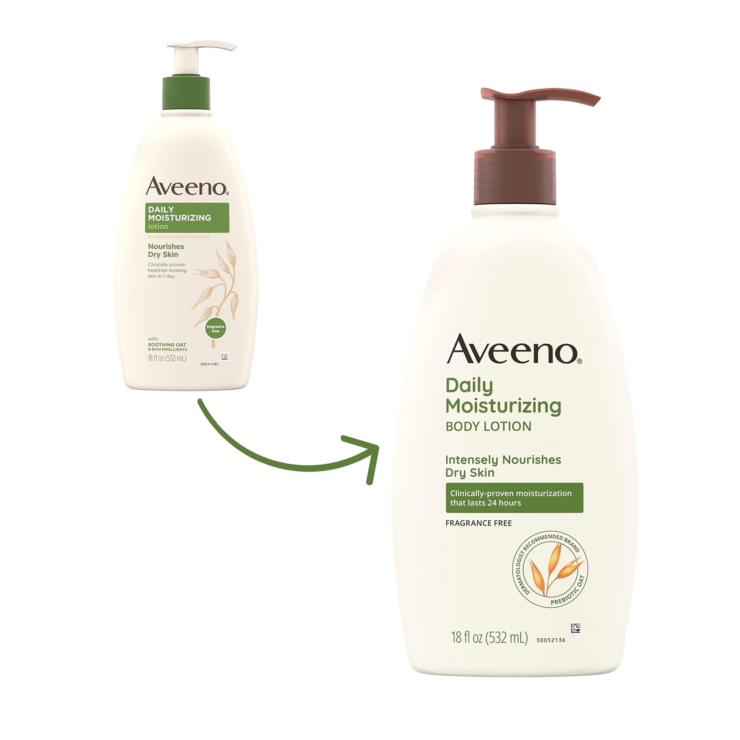 Aveeno Daily Moisturizing Body Lotion with Soothing Prebiotic Oat, Gentle Lotion Nourishes Dry Skin With Moisture, Paraben-, Dye- & Fragrance-Free, Non-Greasy & Non-Comedogenic, 18 fl. oz