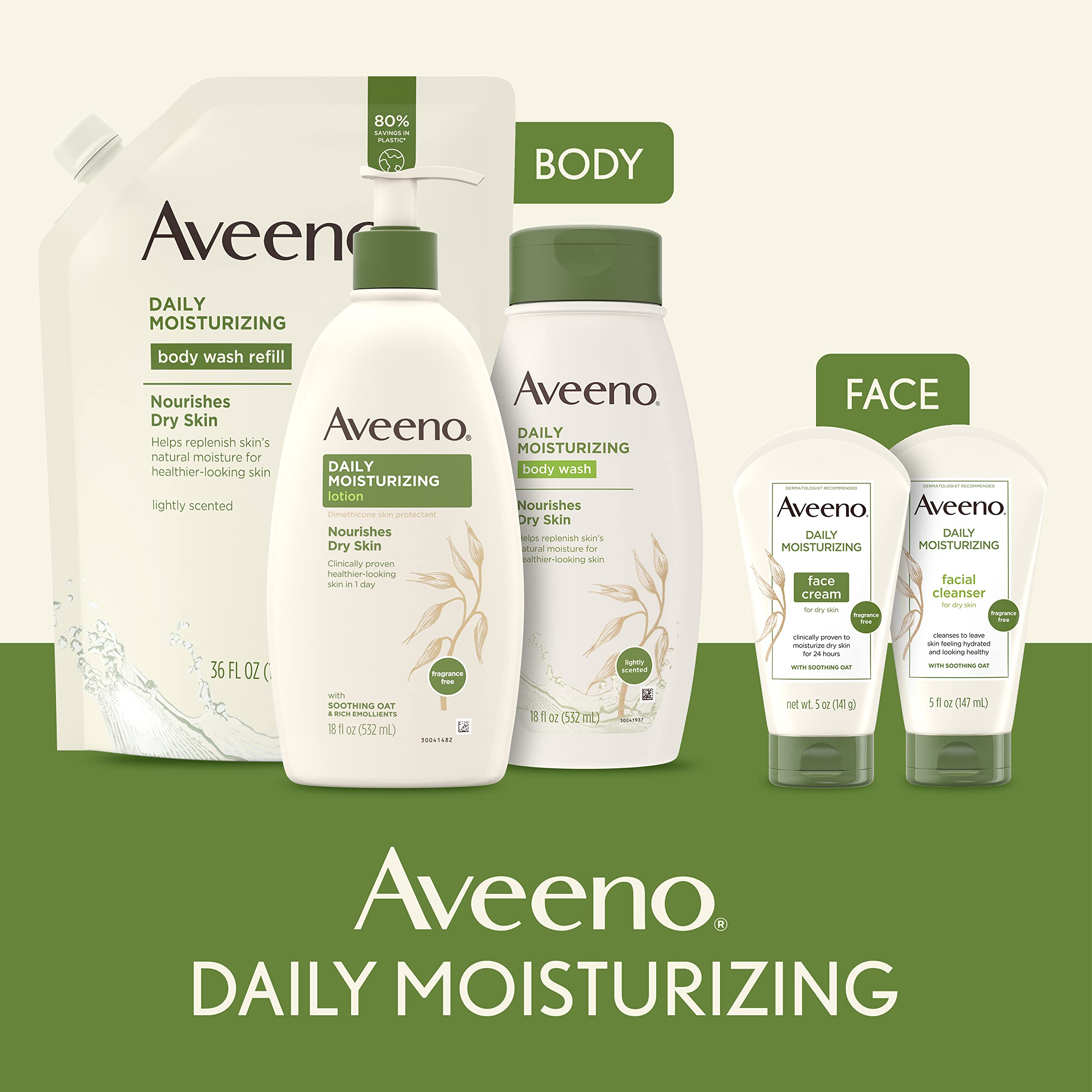 Aveeno Daily Moisturizing Body Lotion with Soothing Prebiotic Oat, Gentle Lotion Nourishes Dry Skin With Moisture, Paraben-, Dye- & Fragrance-Free, Non-Greasy & Non-Comedogenic, 18 fl. oz