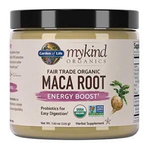 garden of life mykind organics fair trade organic gelatinized peruvian maca root energy boost 7.93 oz (225g) powder with probiotics, certified organic, non-gmo, vegan & gluten free herbal supplements