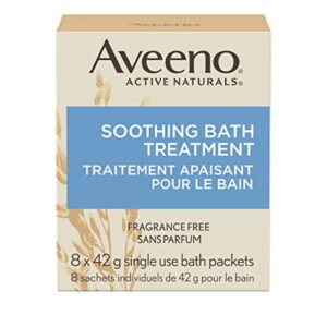 aveeno soothing bath treatment with 100% natural colloidal oatmeal for treatment & relief of dry, itchy, irritated skin due to poison ivy, eczema, sunburn, rash, insect bites & hives, 8 ct.