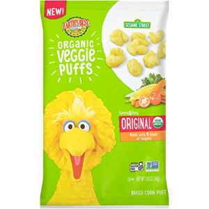 earth’s best organic kids snacks, sesame street toddler snacks, organic veggie puffs, gluten free snacks for kids 2 years and older, original, 1.55 oz bag