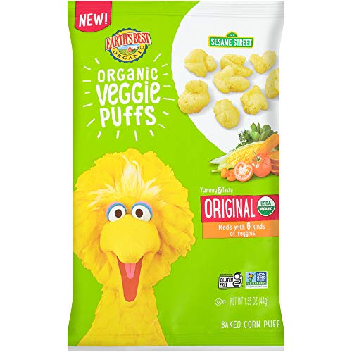 Earth's Best Organic Kids Snacks, Sesame Street Toddler Snacks, Organic Veggie Puffs, Gluten Free Snacks for Kids 2 Years and Older, Original, 1.55 oz Bag