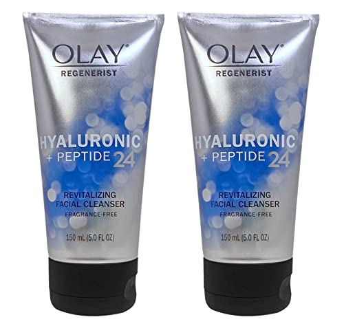 (PACK OF 2) 〇Ιay Hyaluronic + Peptide 24 Revitalizing Facial Cleanser Fragrance Free Face Wash, 5.0 Fl Oz Each