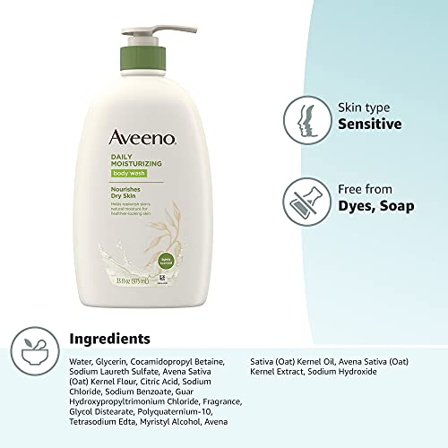 Aveeno Daily Moisturizing Body Wash with Soothing Oat Creamy Shower Gel (Soap Free and Dye Free/Light Fragrance), 33 Fl Oz